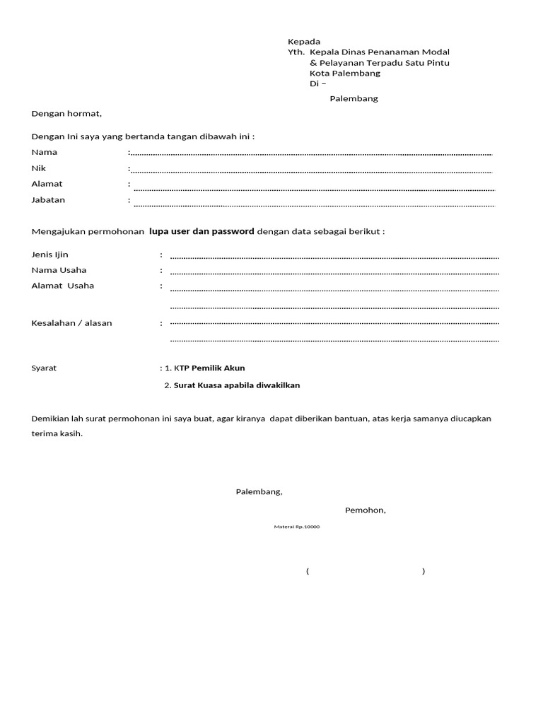 Formulir Permohonan Lupa User Dan Password | PDF