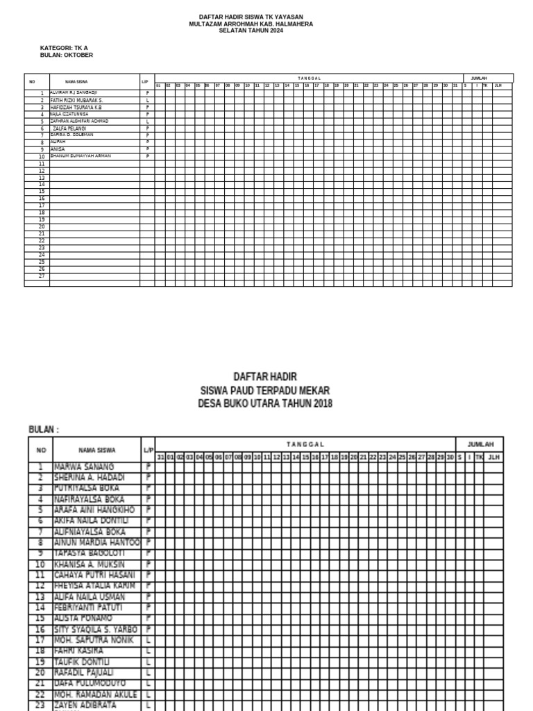 Daftar-hadir-siswa-PAUD TK A | PDF