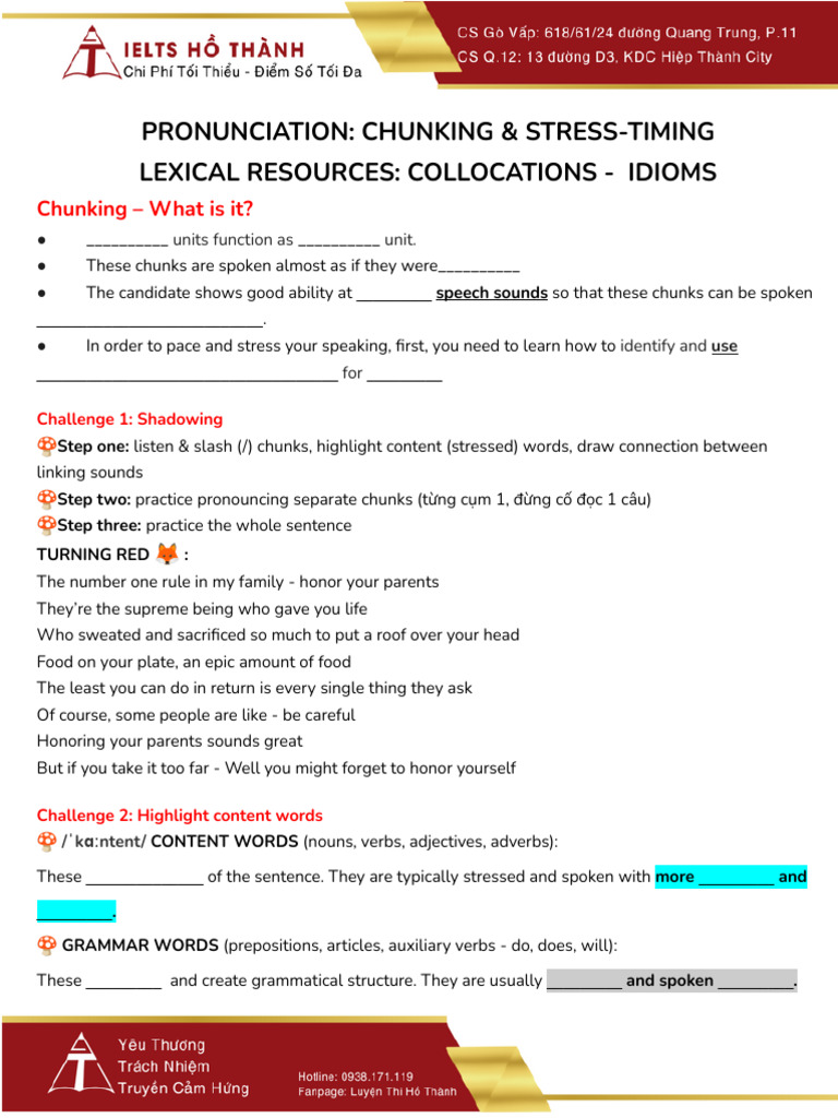 Ver1 - Handout - Chunking Stress Timing Collocations Idioms | PDF