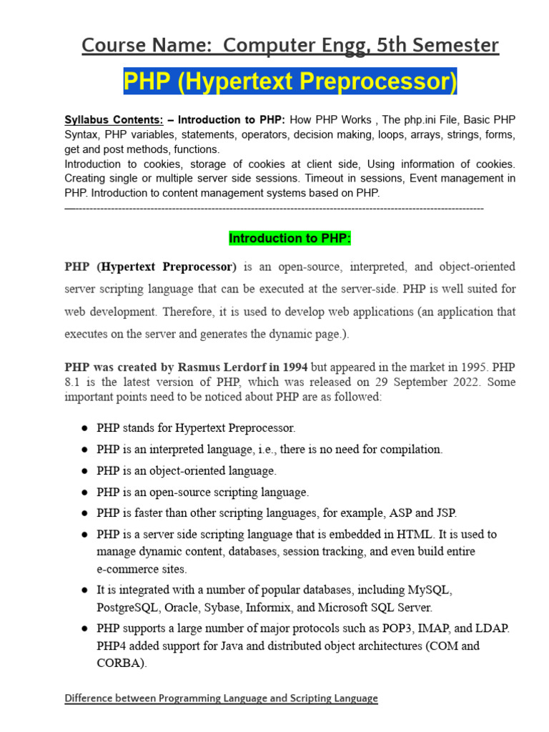 PHP Intro, Data - Types, Control Flow, Variables For 5th SEM | PDF