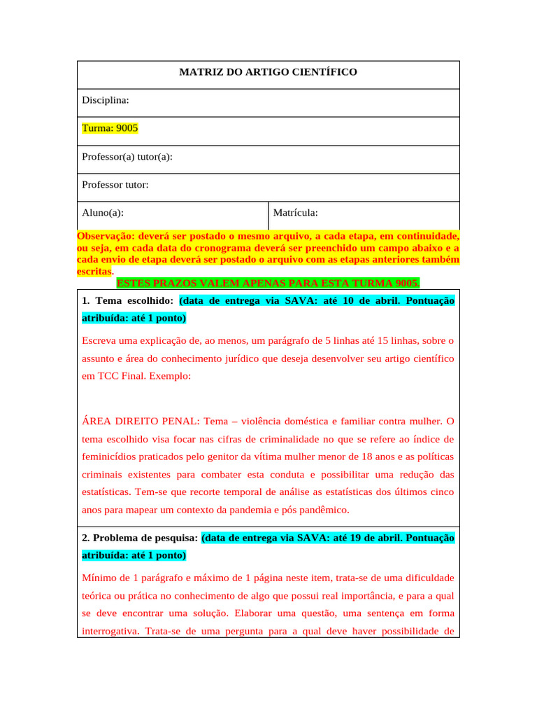 Matriz Edit Vel Wyden TCC 1 TURMA 9005 | PDF