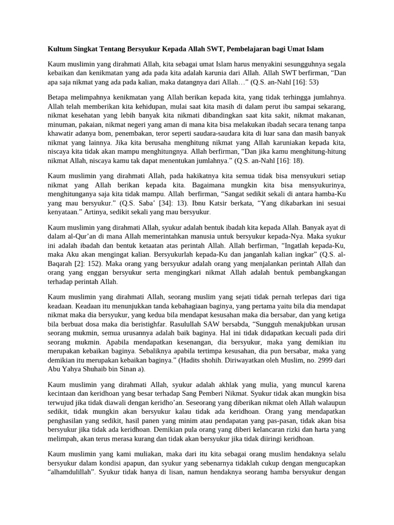 Kultum Singkat Tentang Bersyukur Kepada Allah SWT | PDF