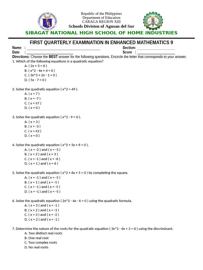 Enhanced Math 9 Exam Quarter 1 | PDF | Equations | Mathematical Concepts