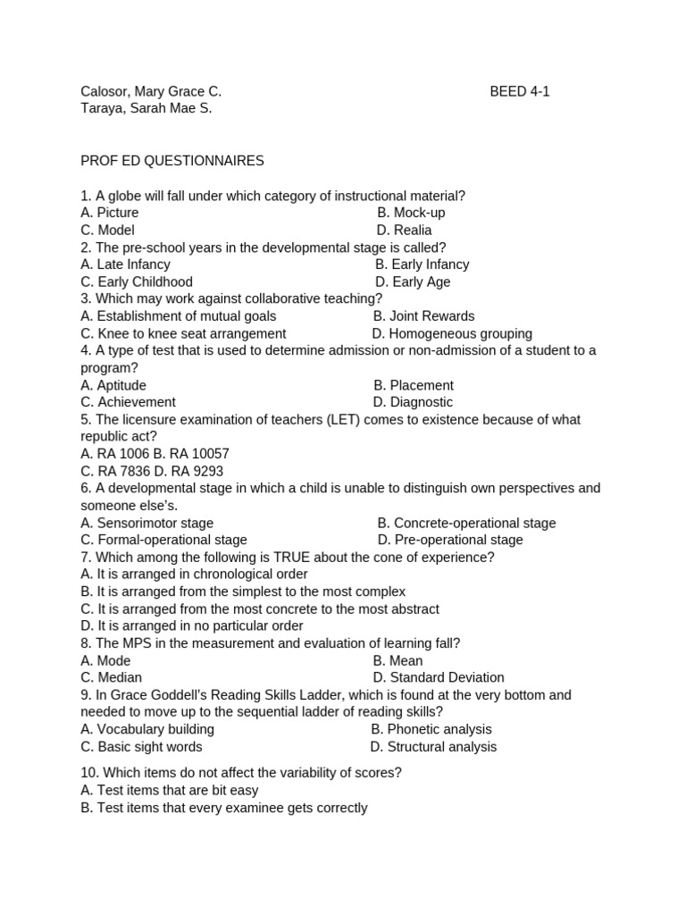 PROF-ED-QUESTIONNAIRES | PDF