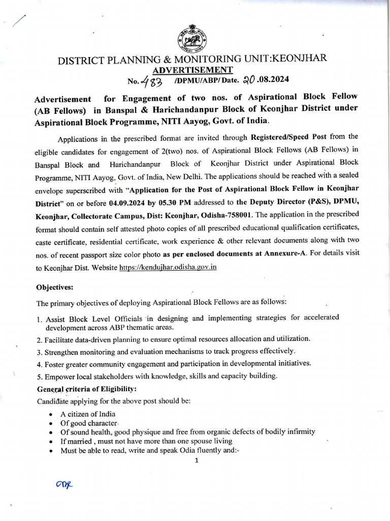02 Aspirational Block Fellow Posts Advt Details Application Form DPMU Keonjhar | PDF
