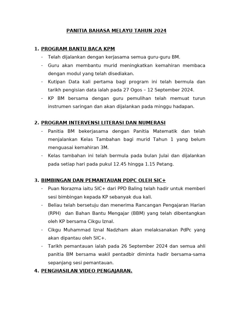Rumusan Aktiviti Panitia Bahasa Melayu Tahun 2024 | PDF