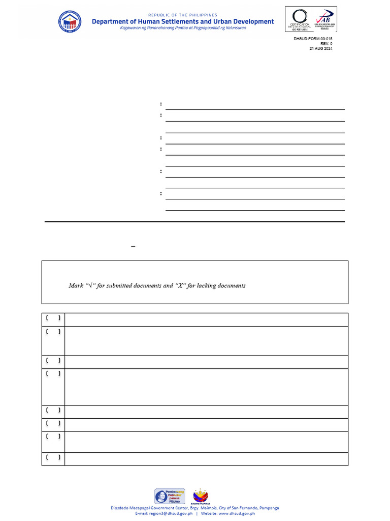 Form 2024 - 015 - Application - Compliance - Socialized Housing Project - New Settlement - Cost ...