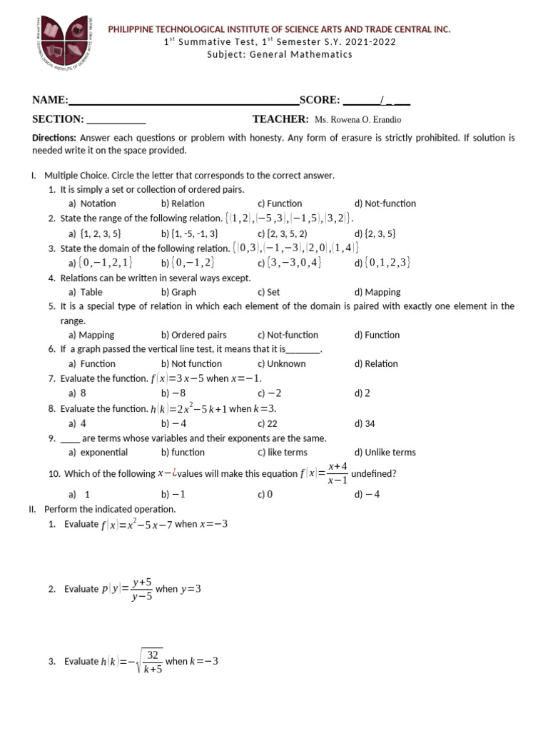GenMath QT SUMMATIVE TEST | PDF