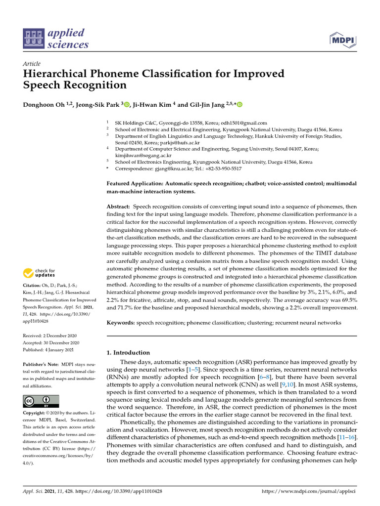 Hierarchical Phoneme Classification for Improved Speech Recognition | PDF