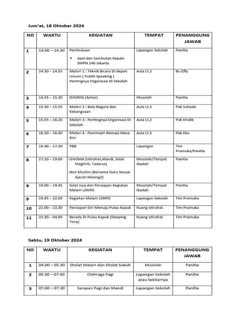 Jadwal LDKPD MPK Osis - SMPN 246 Jakarta - Tahun 2024 - 2025 | PDF