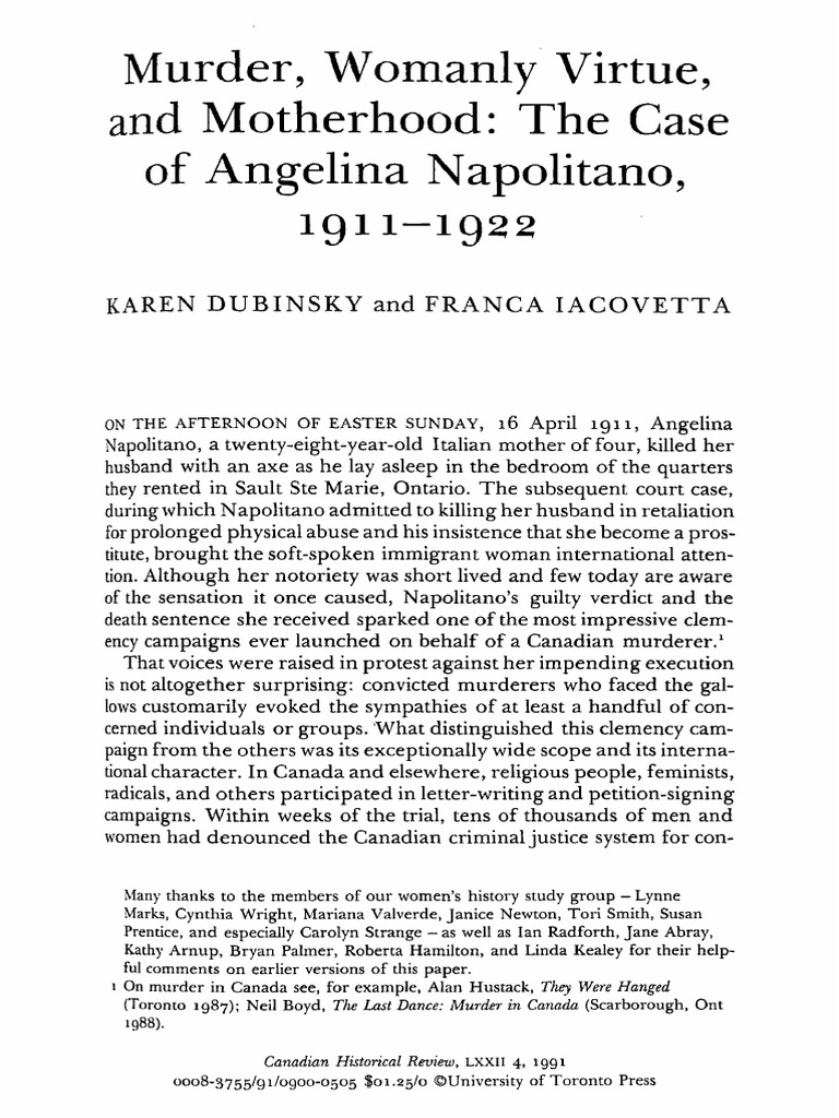 Dubinsky Iacovetta 2008 Murder Womanly Virtue and Motherhood The Case ...