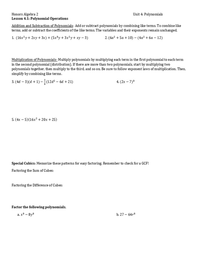 Lesson 4.1 Polynomial Operations & Special Factoring | PDF
