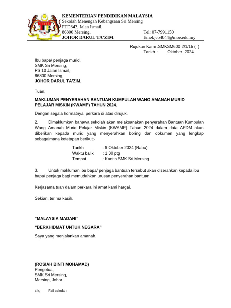 Surat Makluman Kwamp | PDF