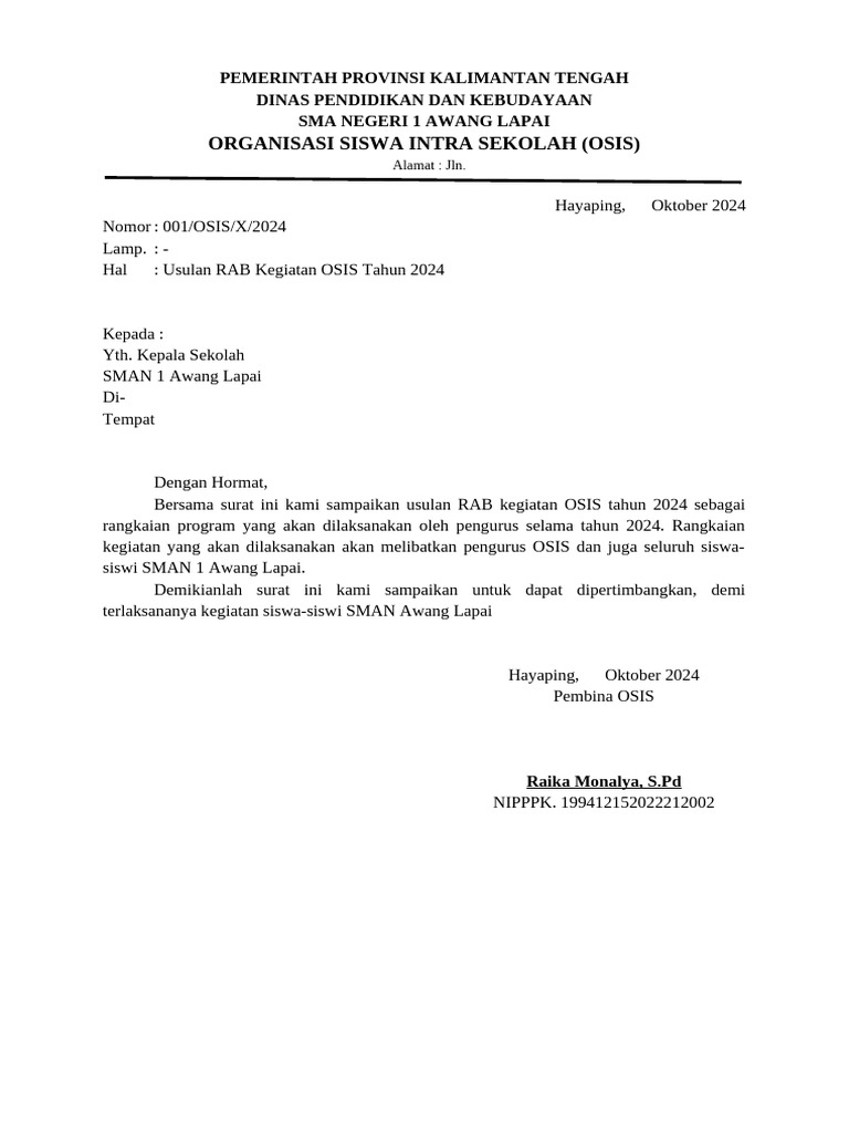 Usulan Rab Anggaran Osis 2024 | PDF