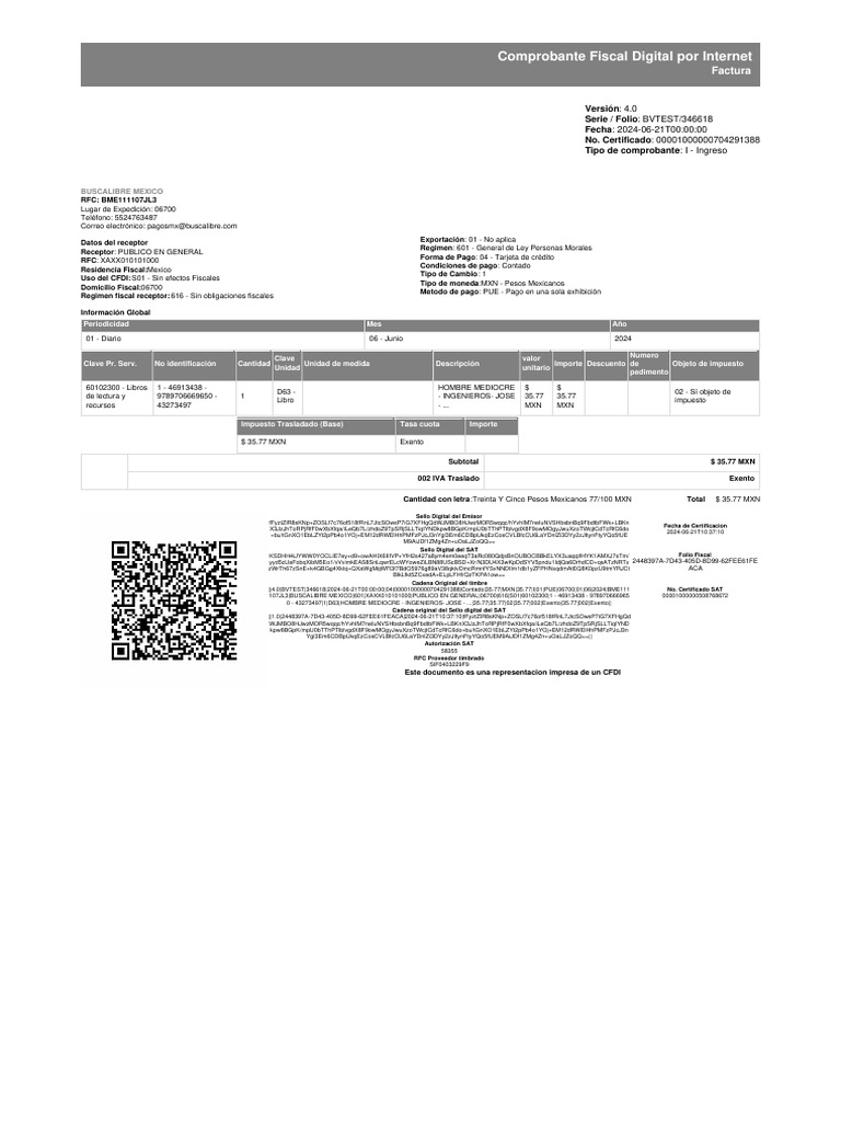 Comprobante Fiscal Digital Por Internet: Buscalibre Mexico | PDF