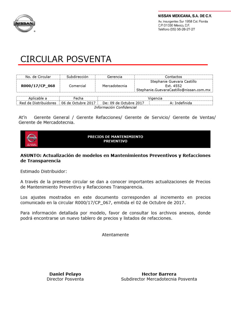 Actualización Precios Mantenimiento Nissan | PDF | Vehículo de motor | Nissan