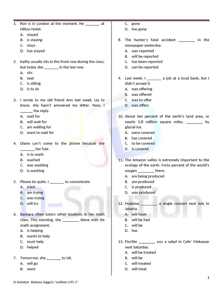 Soal Bahasa Inggris Kelas 7 Semester 2 Latihan Uts | PDF