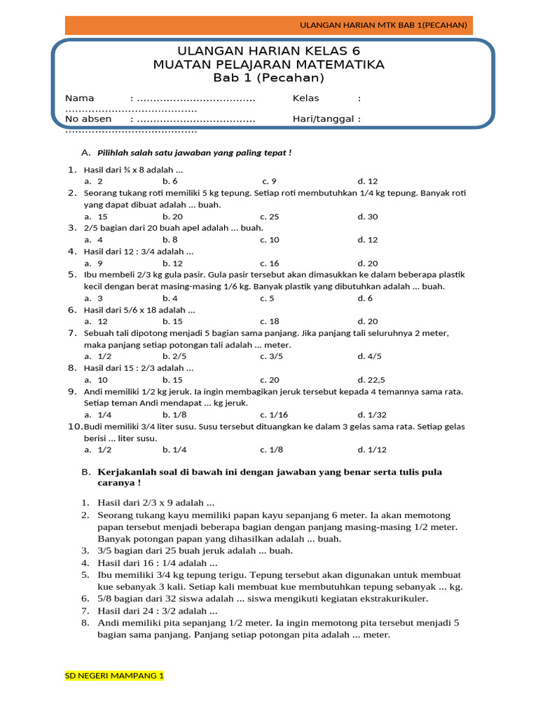 UH MTK BAB 1 Perkalian Dan Pembagian Pecahan Dengan Bilangan Asli | PDF