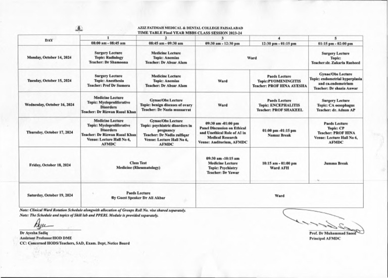 Timetable Final Year MBBS 14th Oct To 19th Oct 2024 | PDF