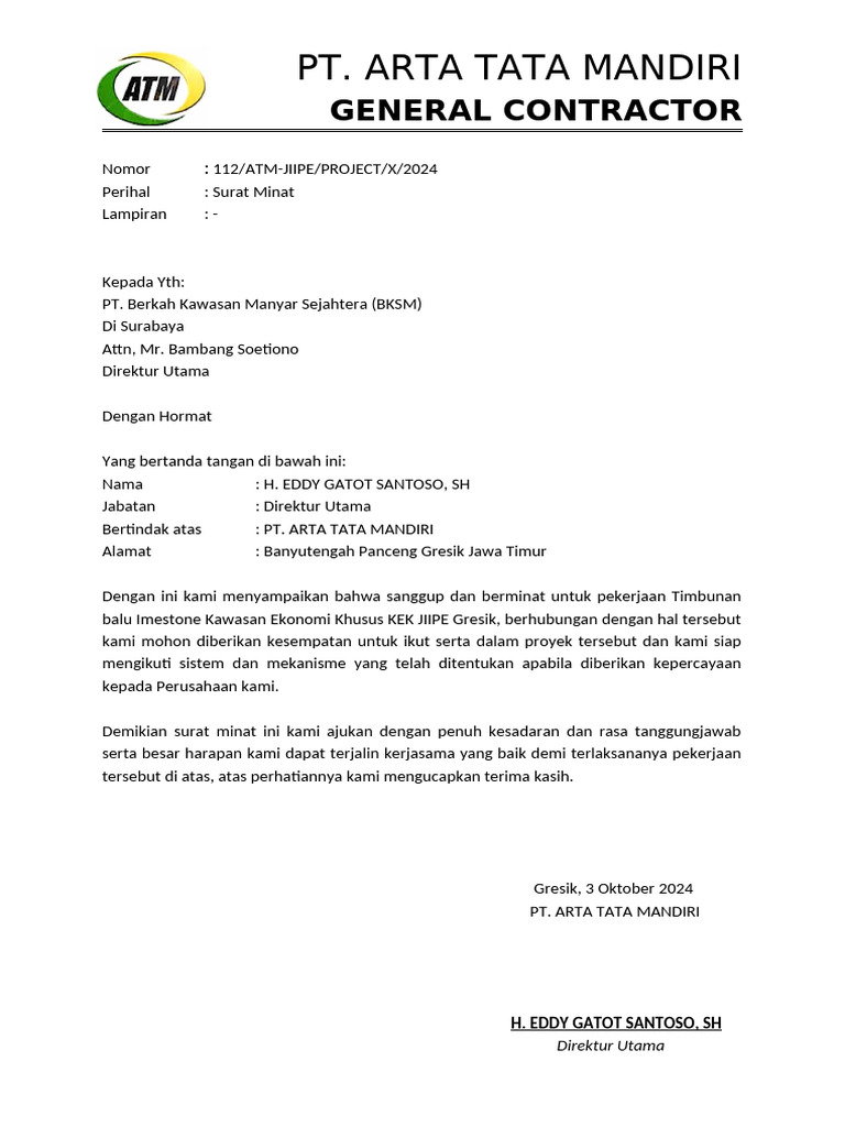Surat Kesanggupan Pt. Atm | PDF