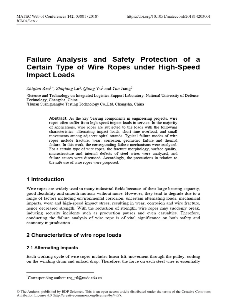 Failure Analysis and Safety Protection of A Certain Type of Wire Rope Under High Speed Impact ...