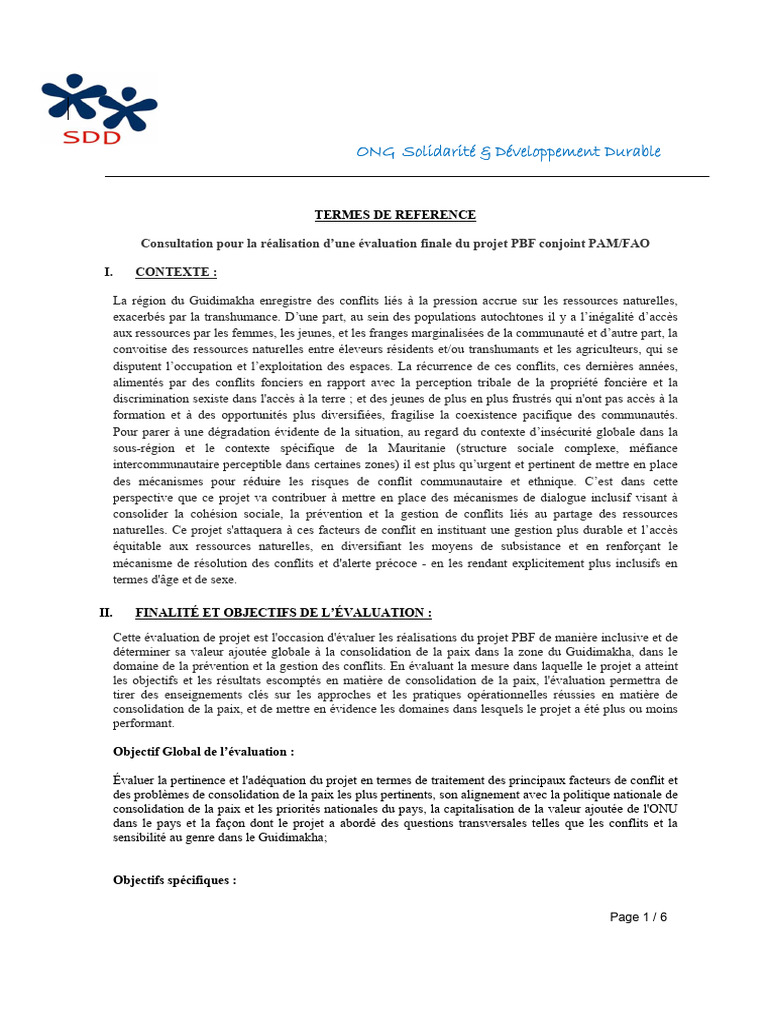 ONG Solidarité & Développement Durable: Termes de Reference | PDF