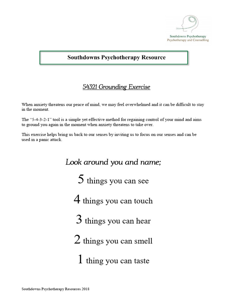 Southdowns Psychotherapy 54321 Grounding Exercise | PDF
