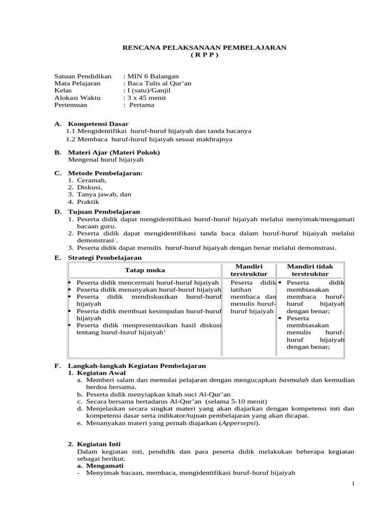 RPP BTQ Kls 1 | PDF