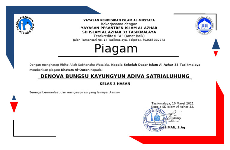 Piagam Khatam Quran - Denova 3 Hasan-2 | PDF