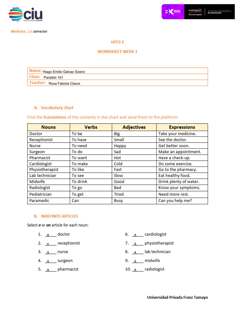 1er Sem Med Worksheet Week 1 | PDF