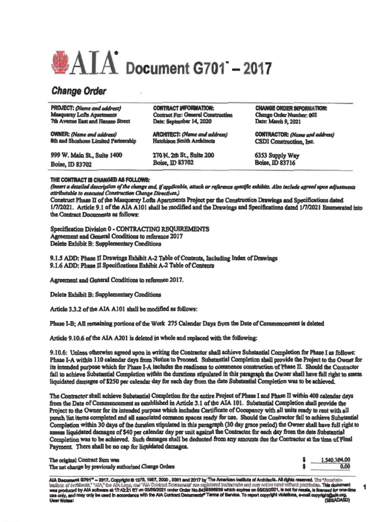 Masqueray Lofts - Change Order No. 002 Phase II | PDF
