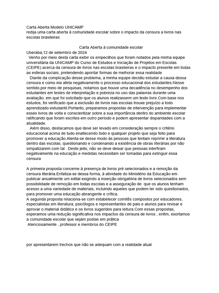 Carta Aberta Unicamp 12313123 | PDF