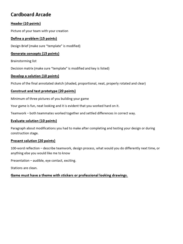 Arcade Game Rubric Pdf