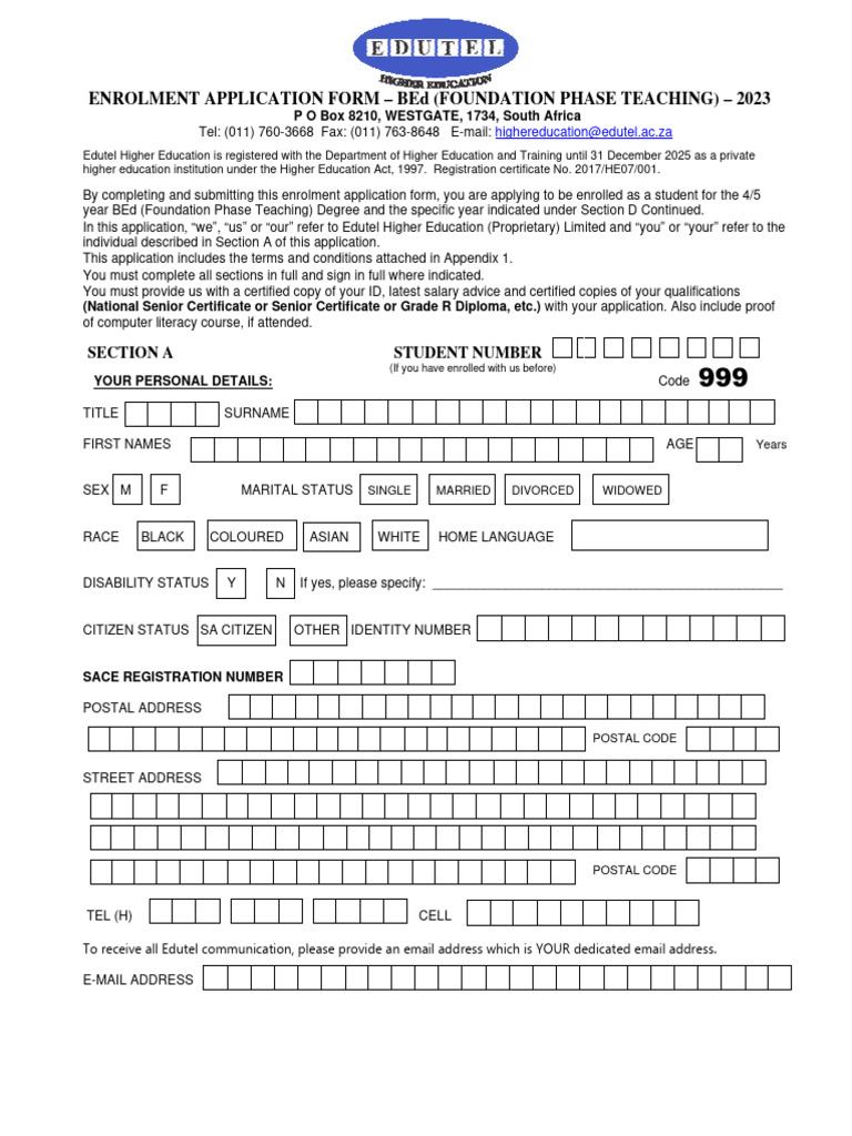 EDUTEL BEd FOUNDATION PHASE TEACHING APPLICATION FORM 999 1 | PDF