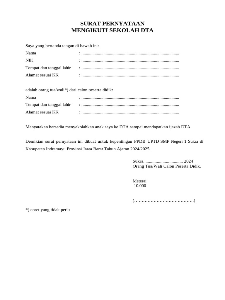 Surat Pernyataan Orangtua Tentang Dta 2024-2025 | PDF