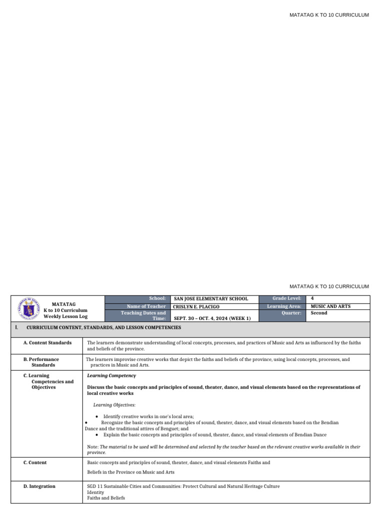 DLL MATATAG _MUSIC & ARTS 4 Q2 W1.docx | PDF