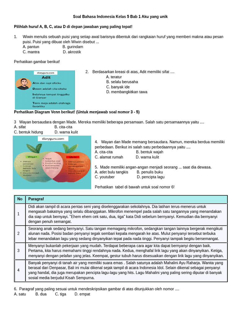 Soal Bahasa Indonesia Kelas 5 Bab 1 Aku Yang Unik | PDF