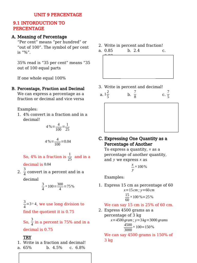 Unit 9 Percentage | PDF