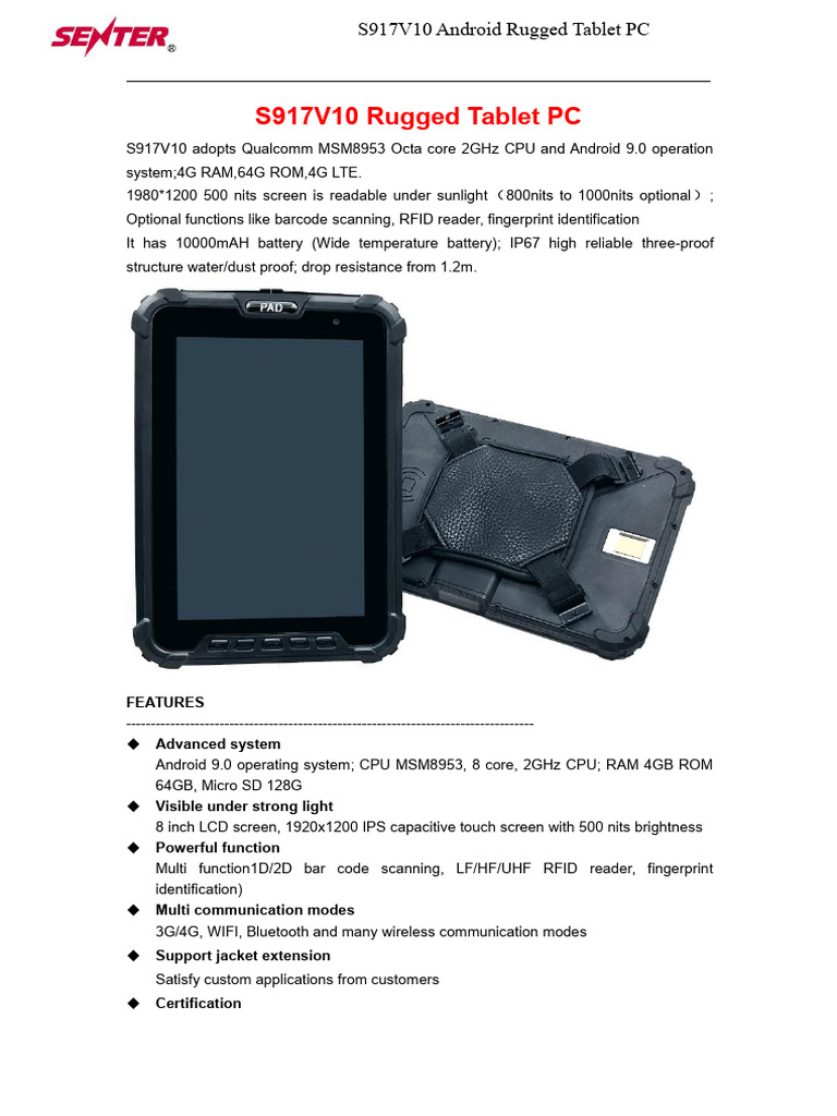 8 Inch Android 9.0 Rugged Tablet PC S917V10 From SENTER Word | PDF