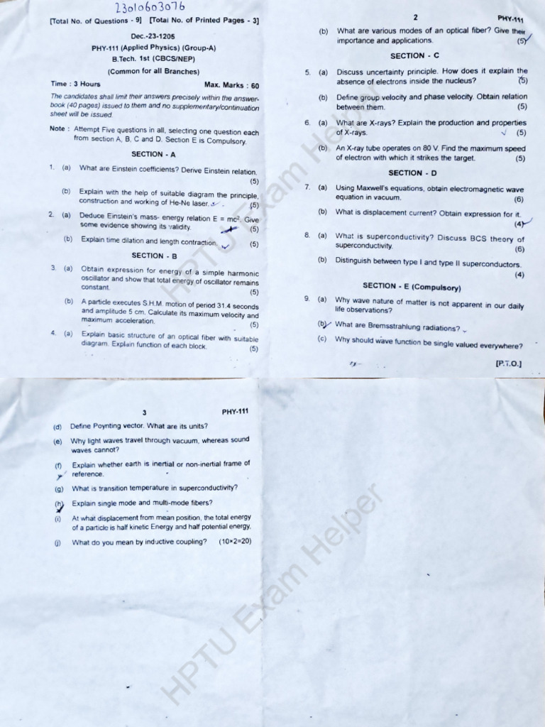 Applied Physics 1st Semester 2023 Question Paper-1 | PDF