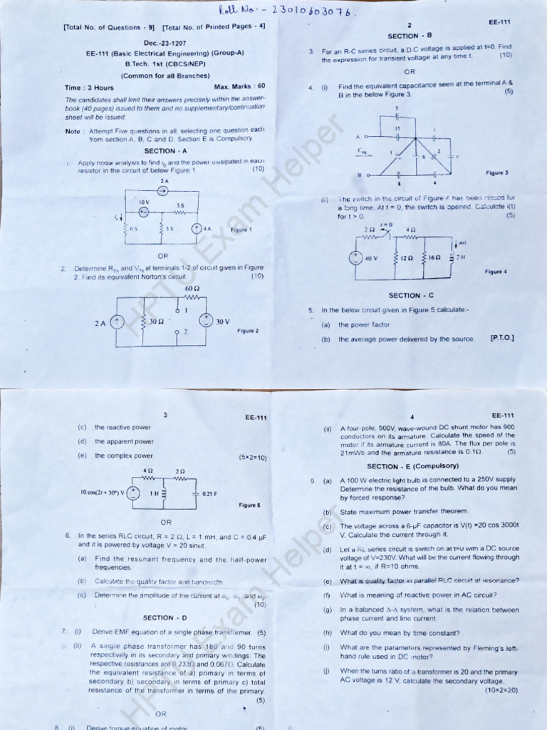 Basic Electrical Engineering 1st Semester 2023 Question Paper-1 | PDF