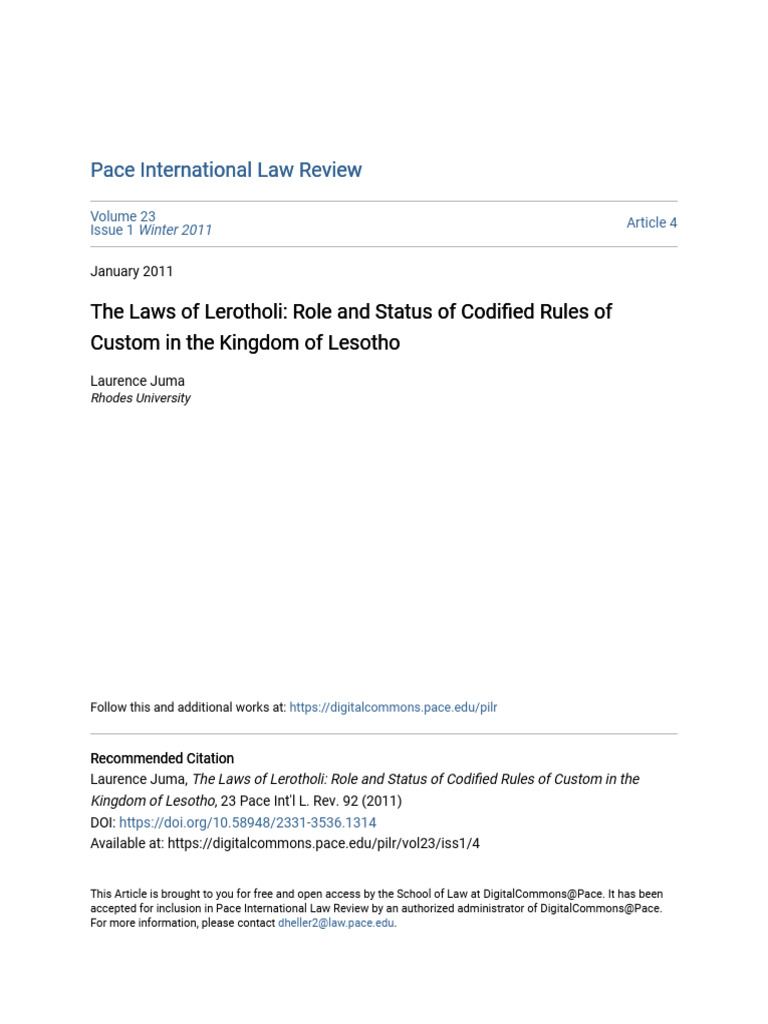 The Laws of Lerotholi - Role and Status of Codified Rules of Custo | PDF