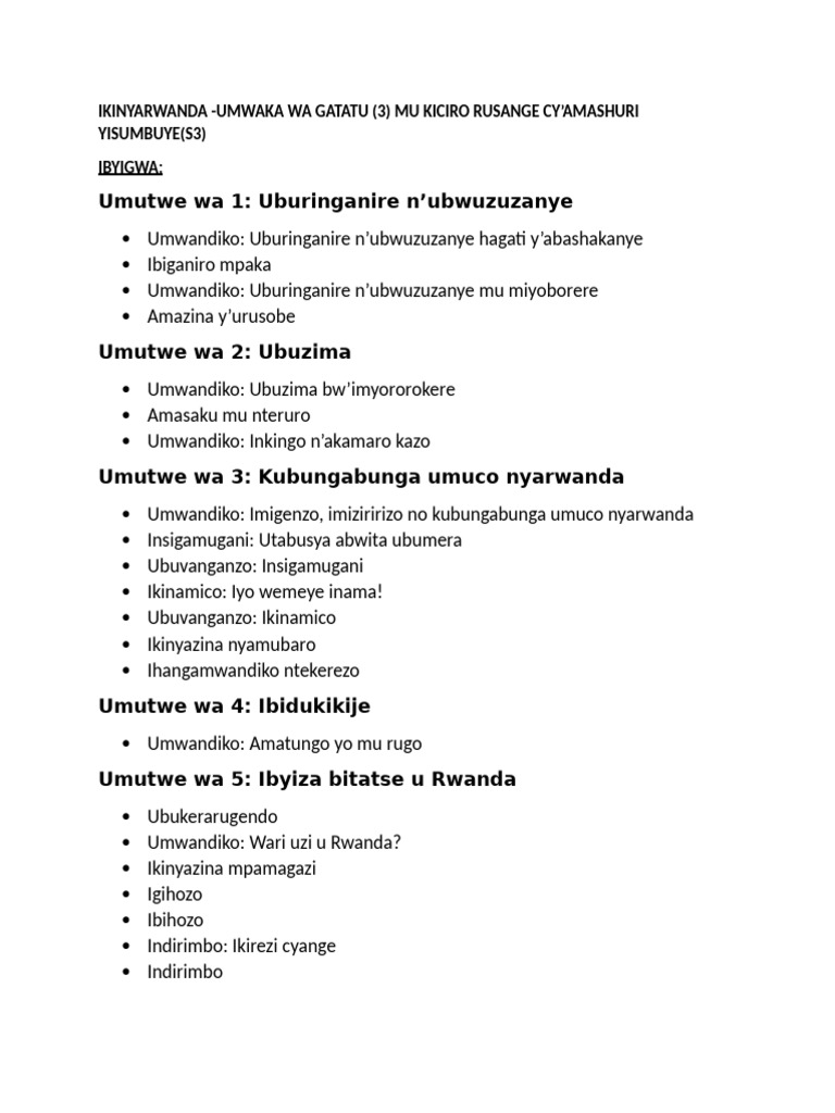 IKINYARWANDA UMWAKA WA 3 Notes | PDF