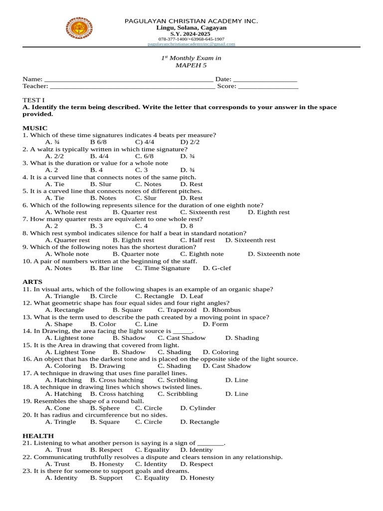 G5-1st Periodic - Exam - Mapeh 2024-2025 | PDF