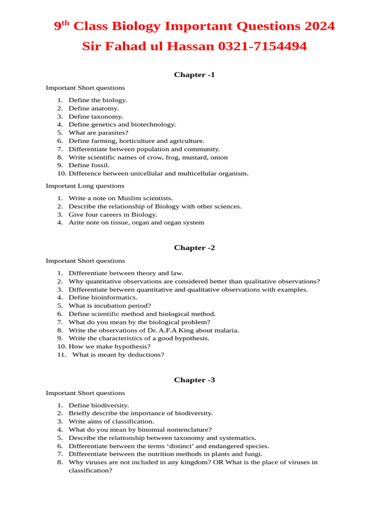 9th Biology Guess Paper | PDF