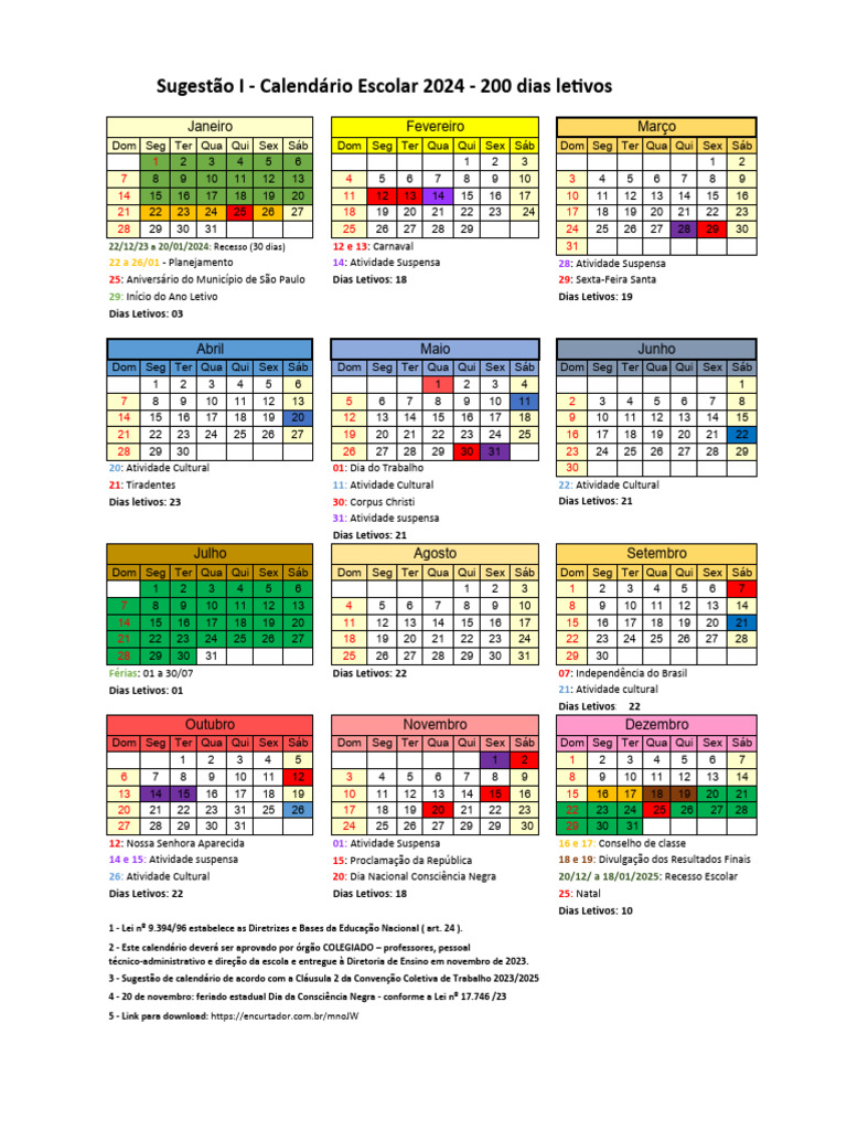 Calendário Escolar 2024 - Sugestão - ATUALIZADO (LINK) | PDF