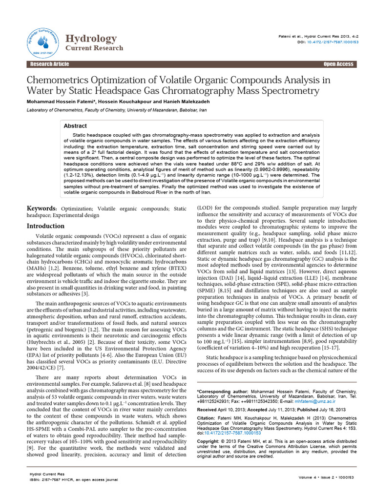 Chemometrics Optimization of Volatile Organic Compounds Analysis in Water 2157 7587.1000153 | PDF