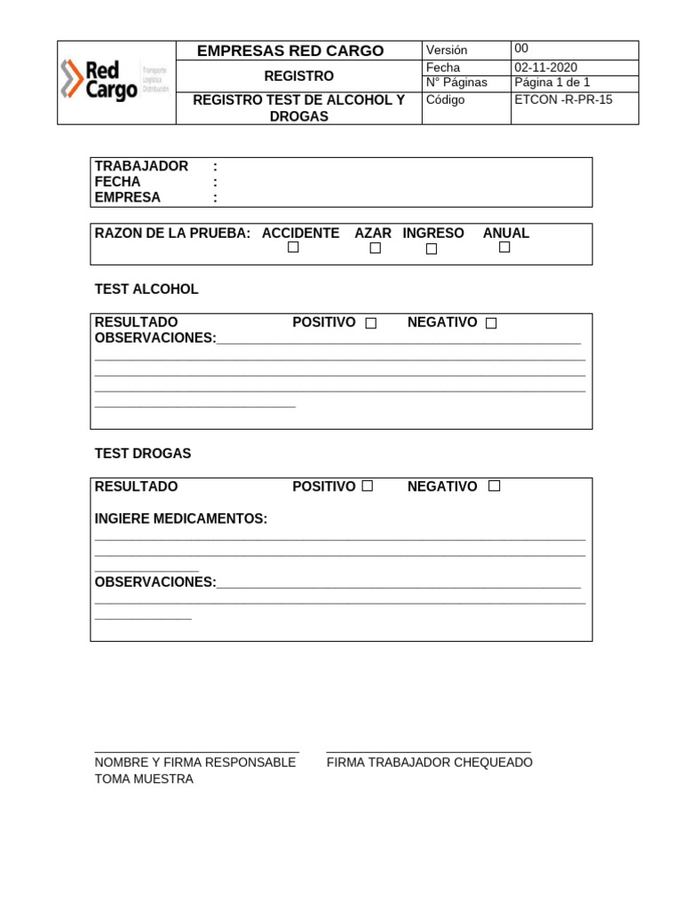 Alcohol and Drug Test Record Form | PDF | Business | Finance & Money ...