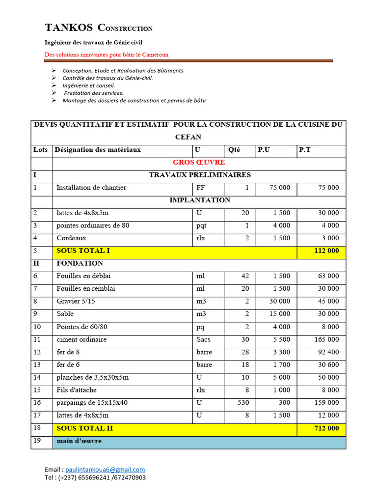 Devis Quantitatif Et Estimatif Cuisine | PDF