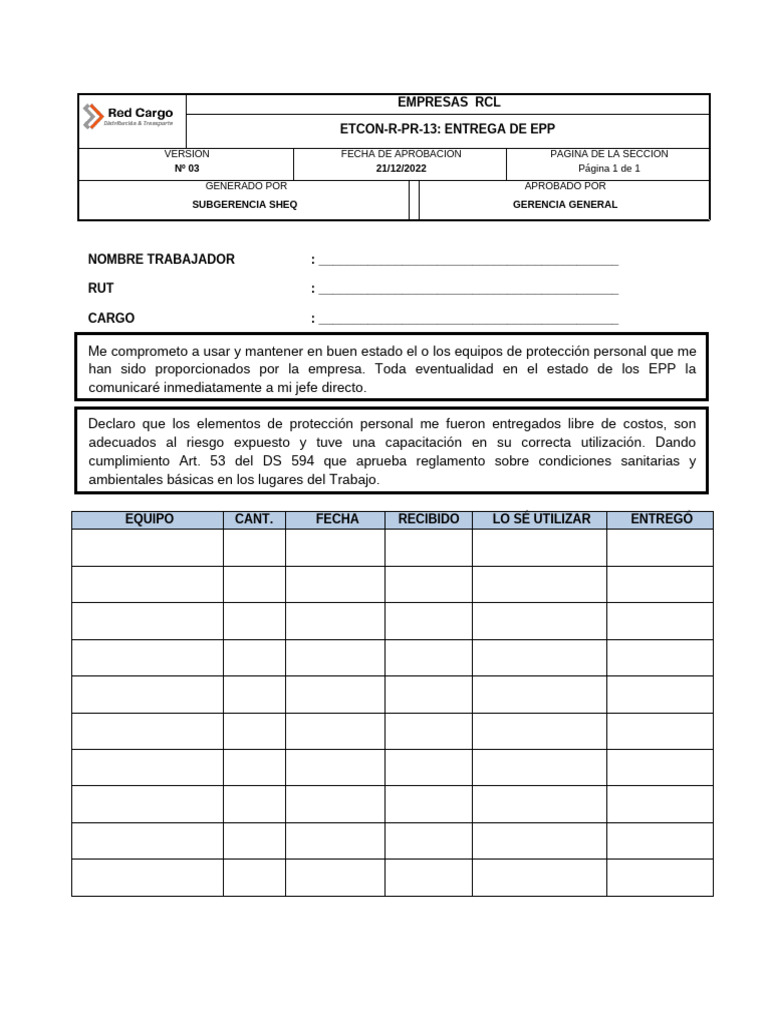 Registro Entrega de EPP | PDF